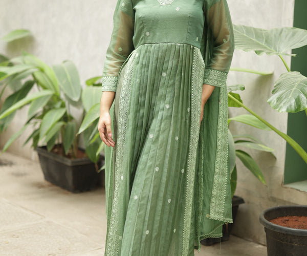 Exclusive Kurta & Suit Set - Aashana Sage Green Linen Chanderi Kurta Set at bullionknot